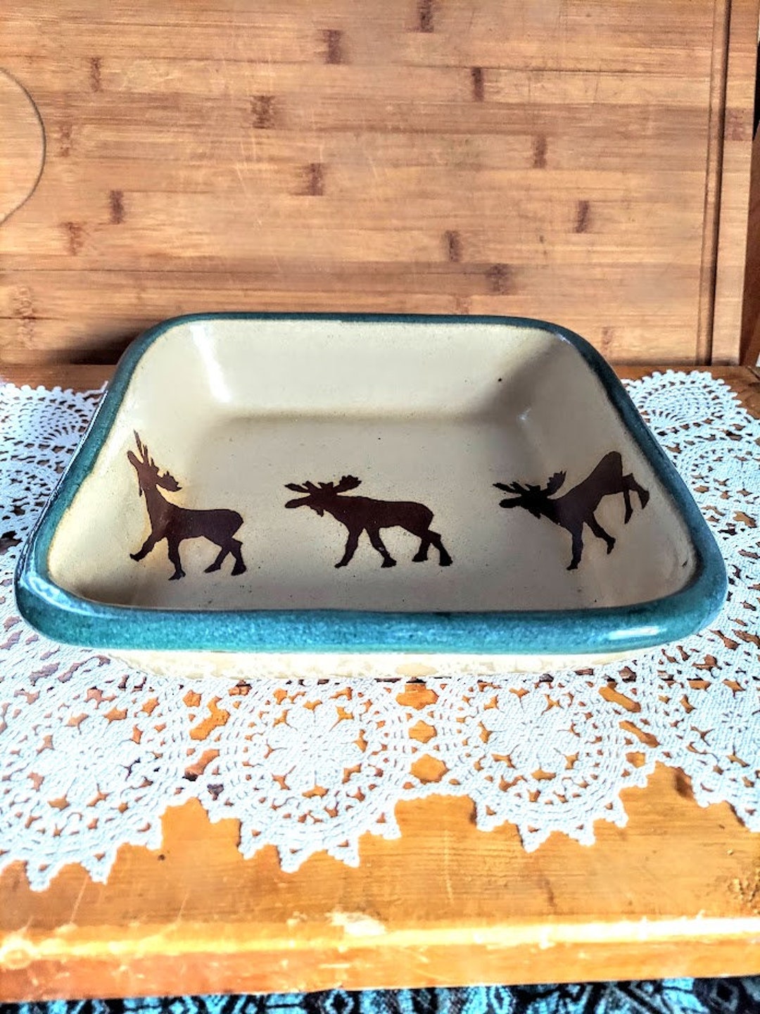 Vintage Ceramic Rustic Hand Painted Moose Pattern Square Serving Dish ...
