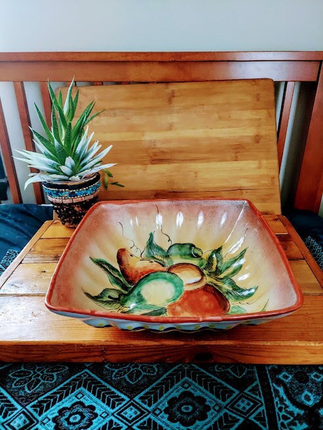 Vintage Large Square Ceramic Fruit Pattern Bowl Terracotta Hand Painted ...
