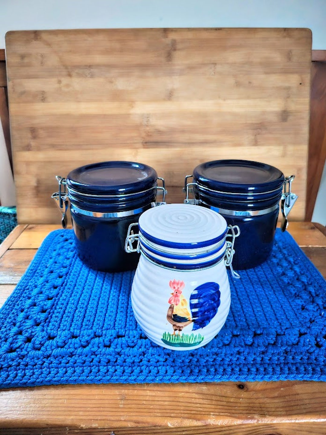 Vintage 3 Ceramic Canisters With Latches 2 Dark Navy Blue and 1 With ...