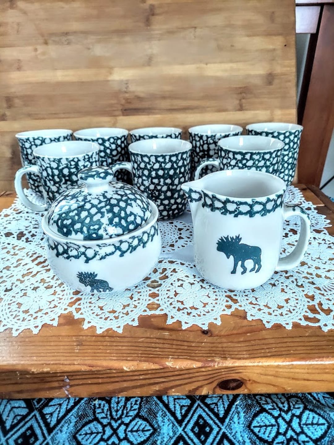 Vintage FOLKCRAFT "moose Country" 10 Piece Set - 8 Mugs - Creamer and ...