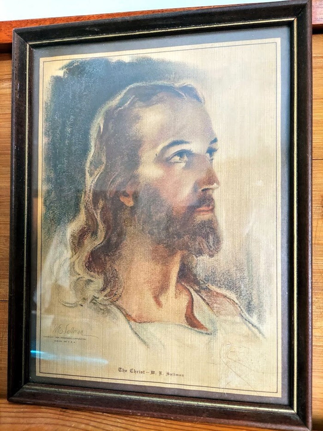 Vintage WE SALLMAN Head of Christ Sketch Print 13 X 10 Vintage Wood ...
