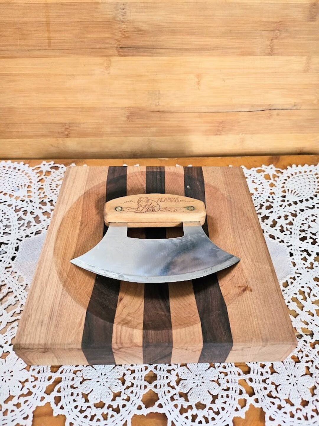 Solid Wood Classic Ulu Board Set Birch Handle Knife Retro Rustic Cabin ...
