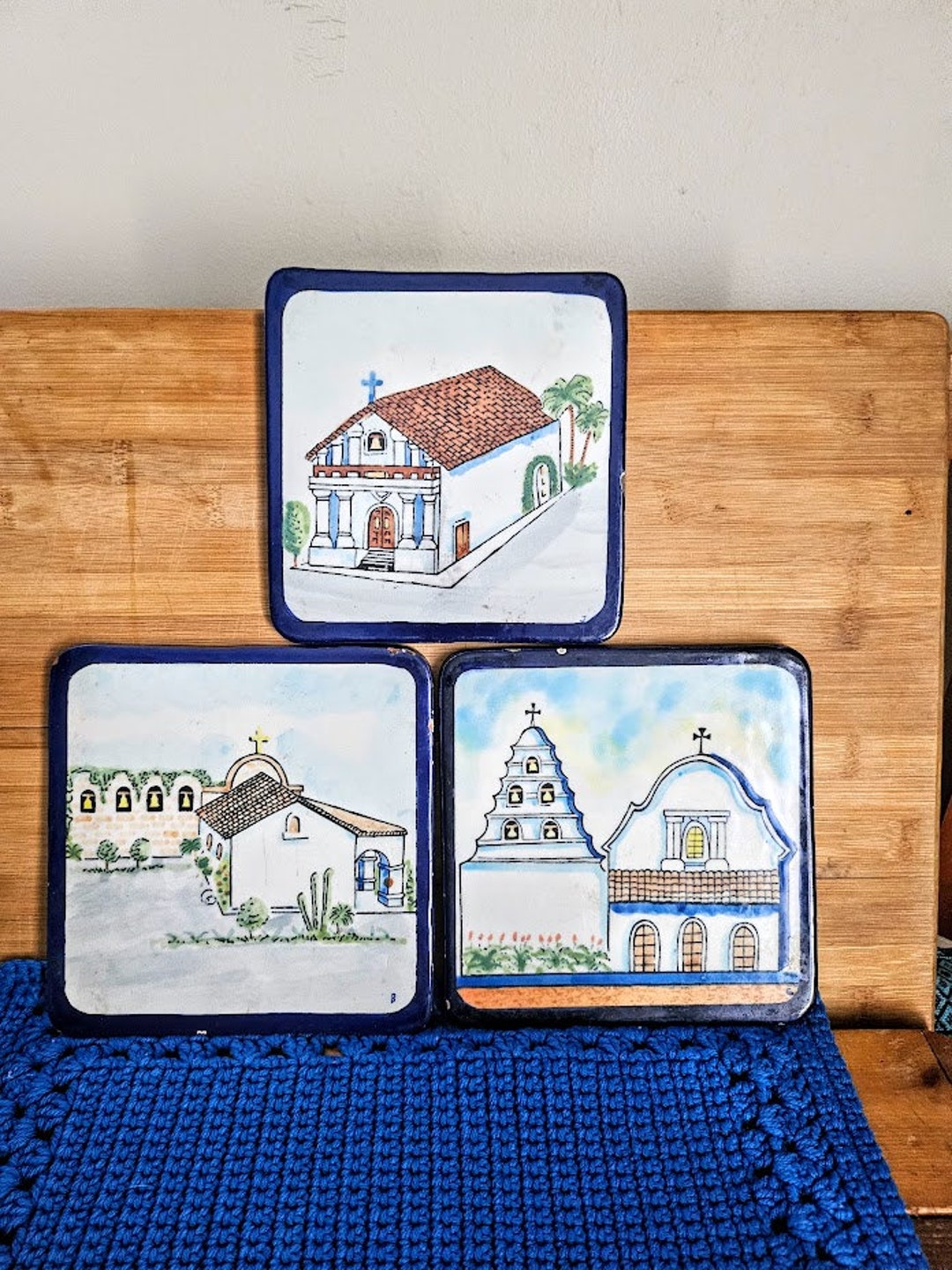 Vintage Three Handcrafted Italian Tiles Three Different Churches Retro ...