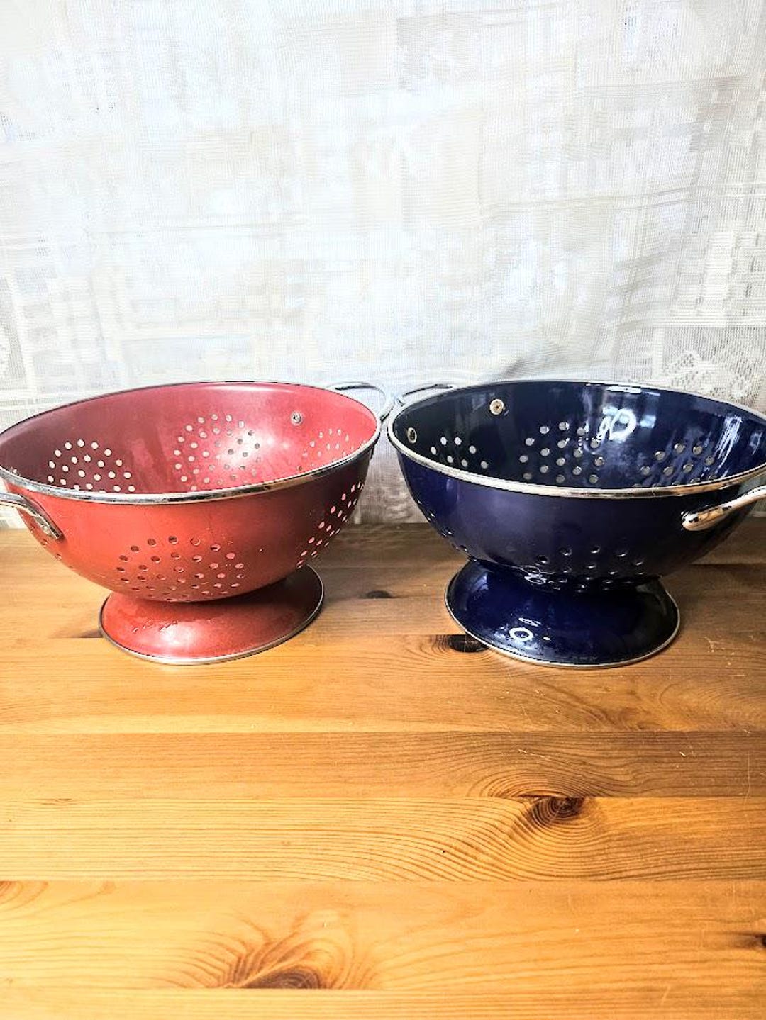 Vintage Two Vintage Colanders Red and Blue Enamel Both With Handles - Etsy