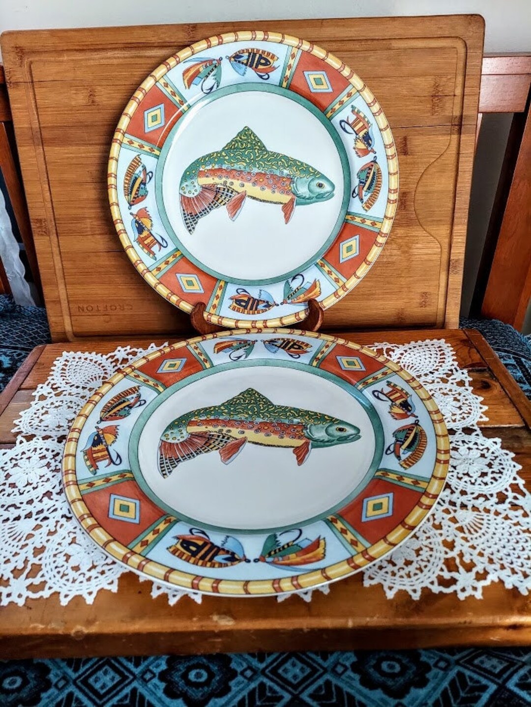 Vintage Two SIDDHIA HUTCHINSON "splash" Ceramic Dinner Plates Trout ...