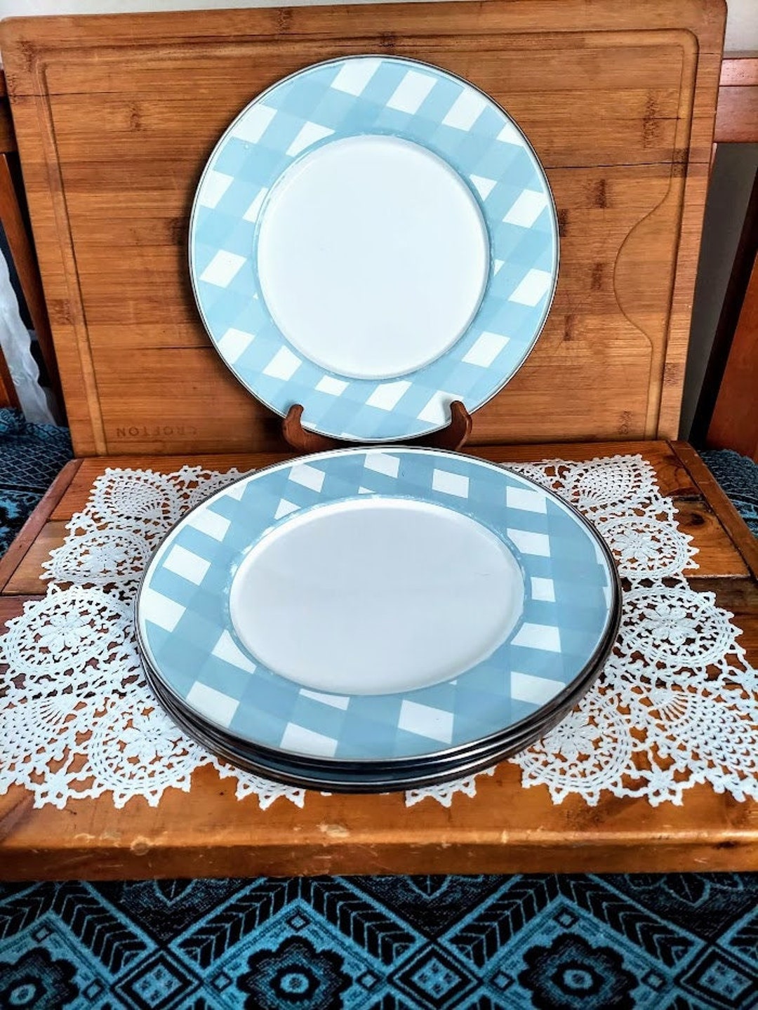 Vintage Five FORMATION Metal Enamelware Dinner Plates Blue Gingham Rim ...