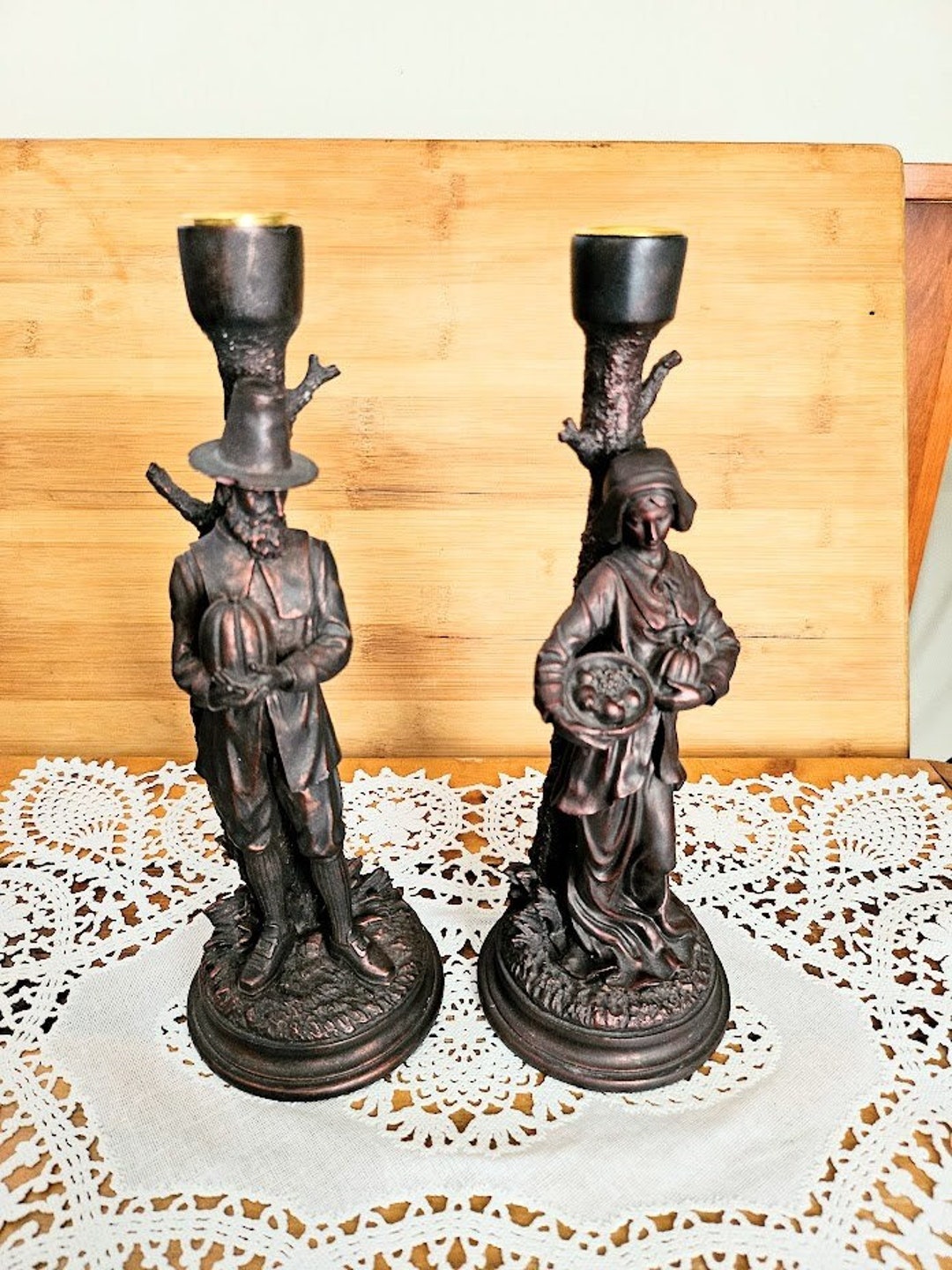 Vintage Two Detailed Pilgrim Figurine Candlestick Holders Retro Country ...