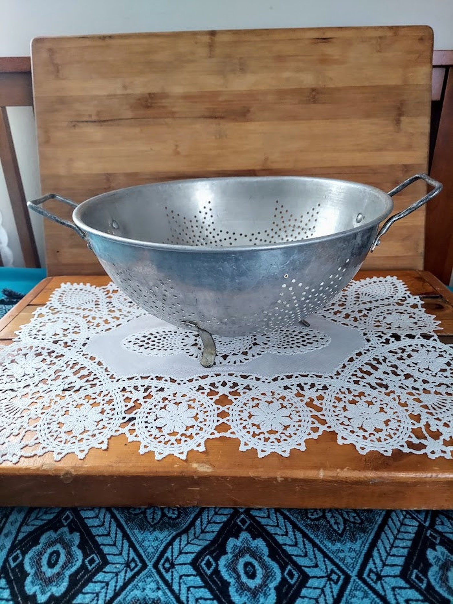 Vintage Large White Aluminum Colander Pedestal Style Star Pattern Pasta ...