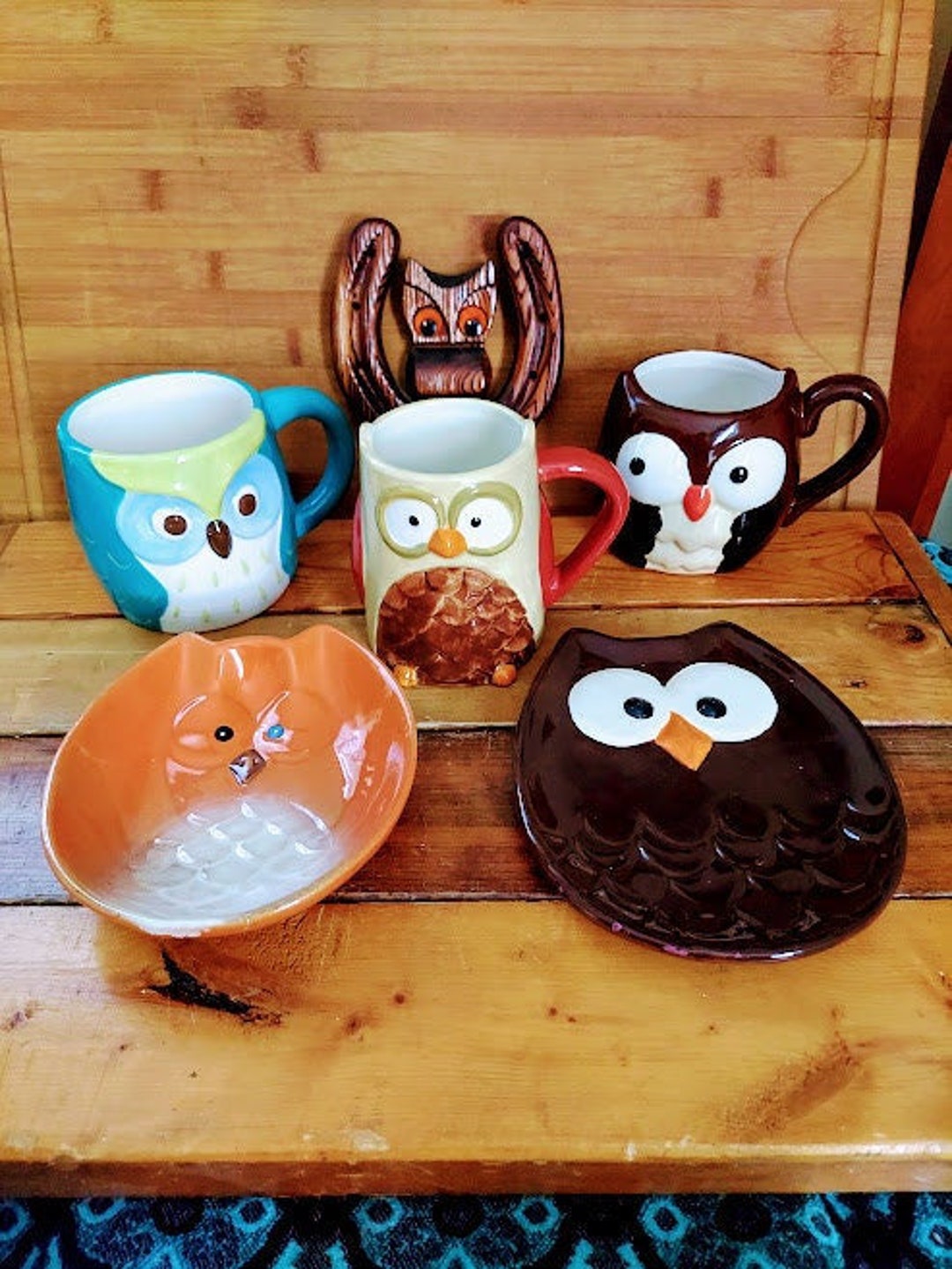 Vintage Ceramic Owls - 3 Mugs 2 Plates Wood Owl Plaque - Owl Decor ...