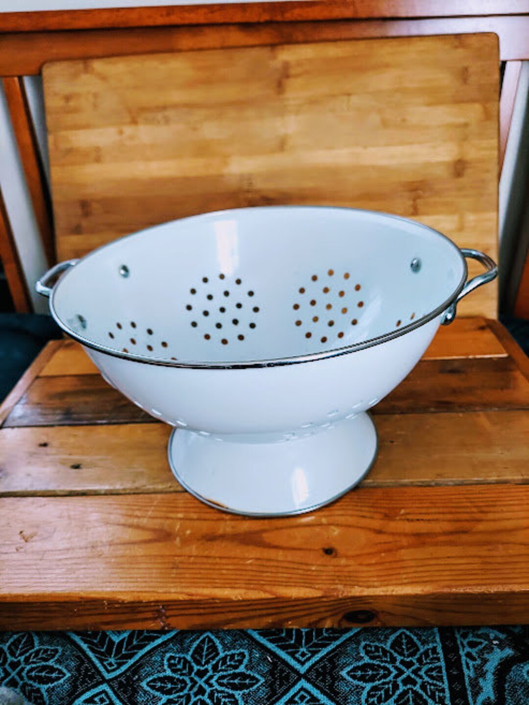 Vintage Large White Enamel Colander Pedestal Style Pasta Strainer Retro ...