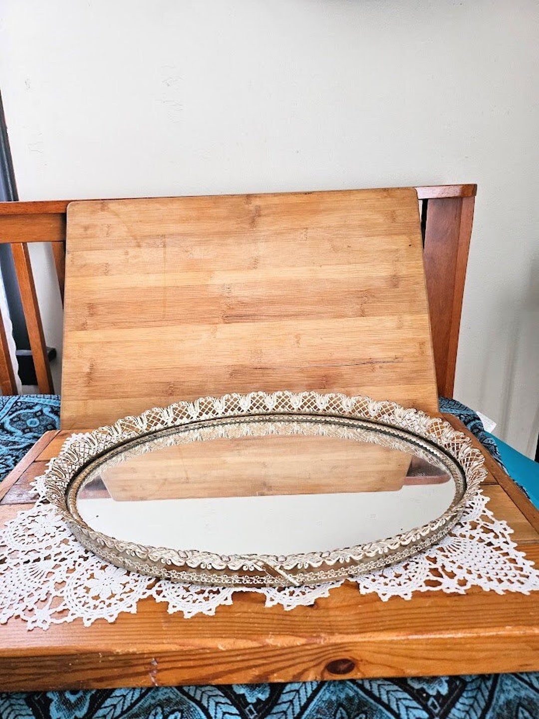 Vintage Oval Vanity Tray Gold Tone Filigree Sides Makeup Perfume Tray ...