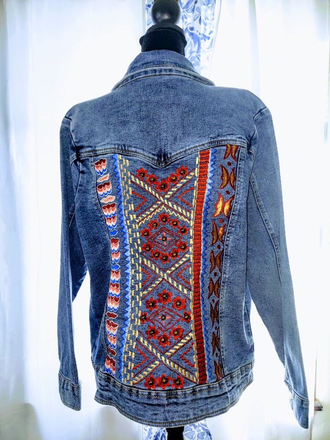 Medium Aztec Embroidery Chest and Back Denim Jean Jacket Vintage ...