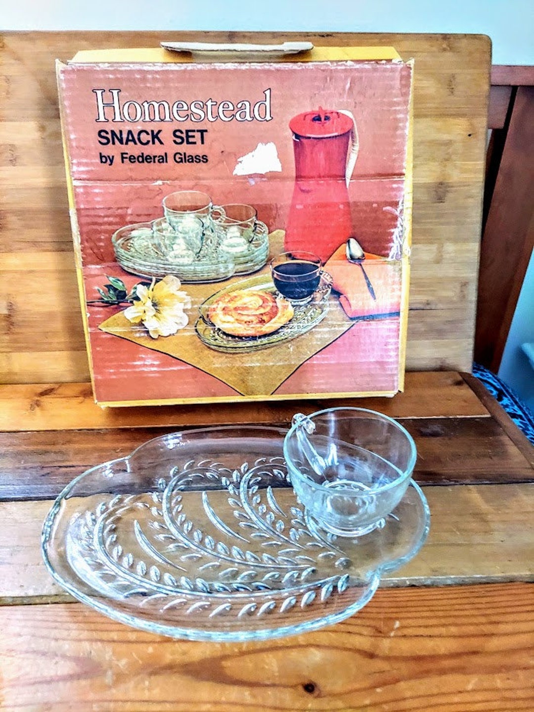 Vintage HOMESTEAD Federated Glass Snack Set Four Cups Four Plates ...