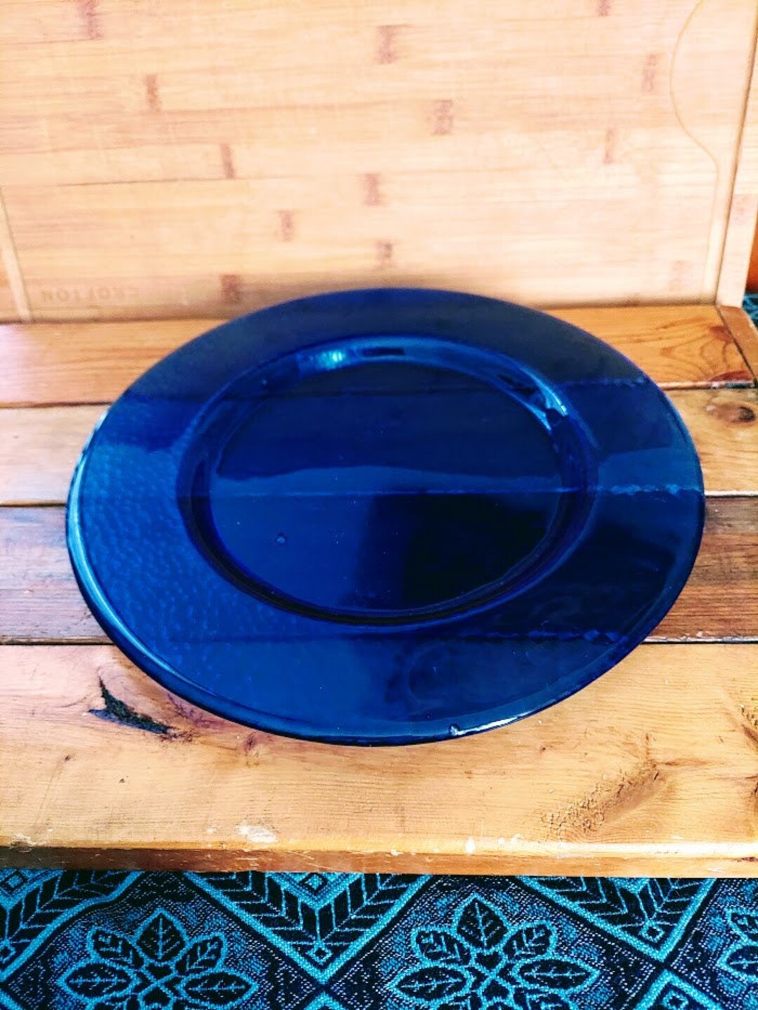 Vintage Cobalt Blue Heavy Glass Cake Plate/chop Plate Retro Country ...