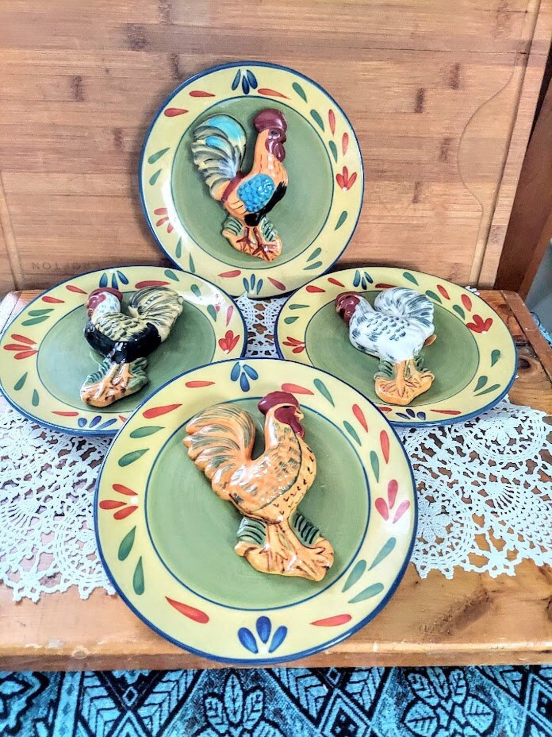 Vintage Four 3-D Raised Ceramic Hand-painted Rooster Plates 8" Retro ...