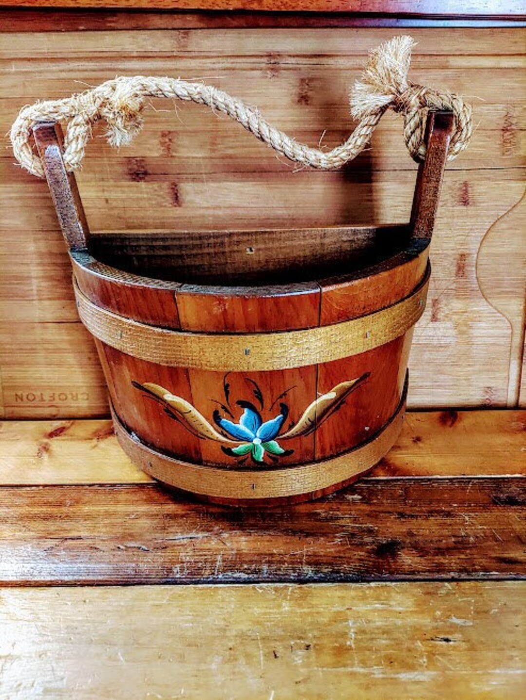 Vintage Wooden Bucket Flat Sided Wall Hanging With Hand Painted Folk ...