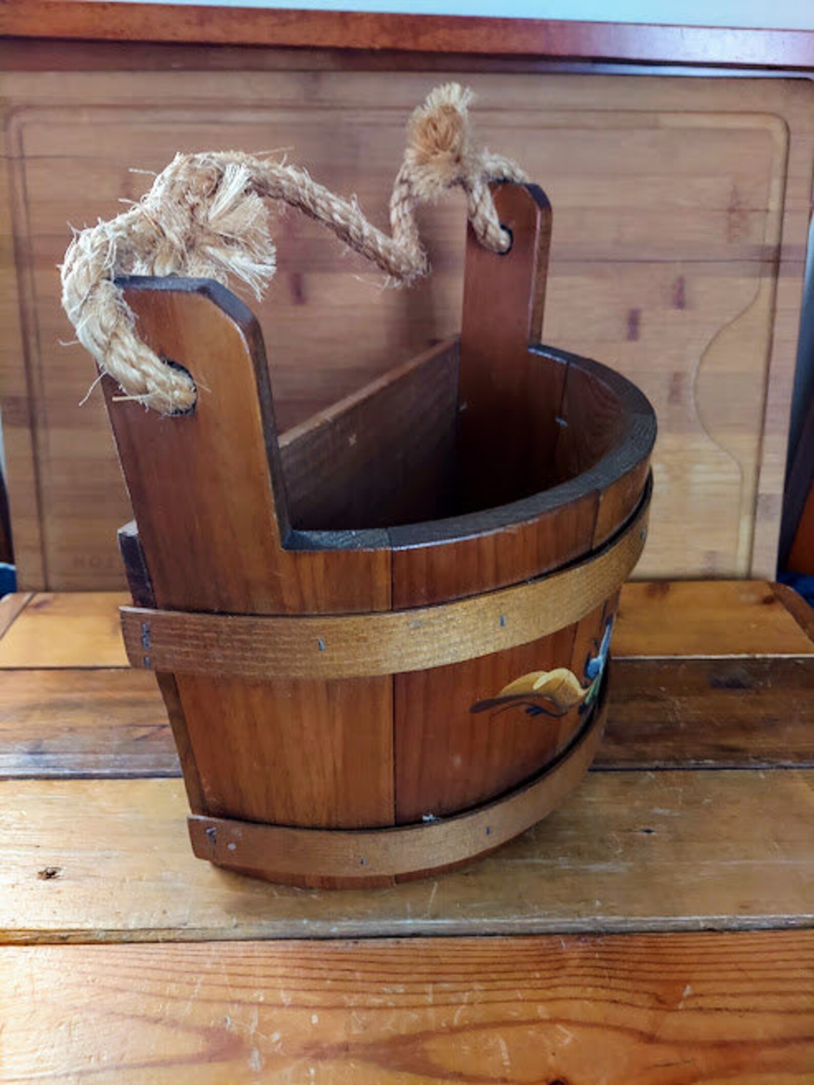 Vintage Wooden Bucket Flat Sided Wall Hanging With Hand Painted Folk ...