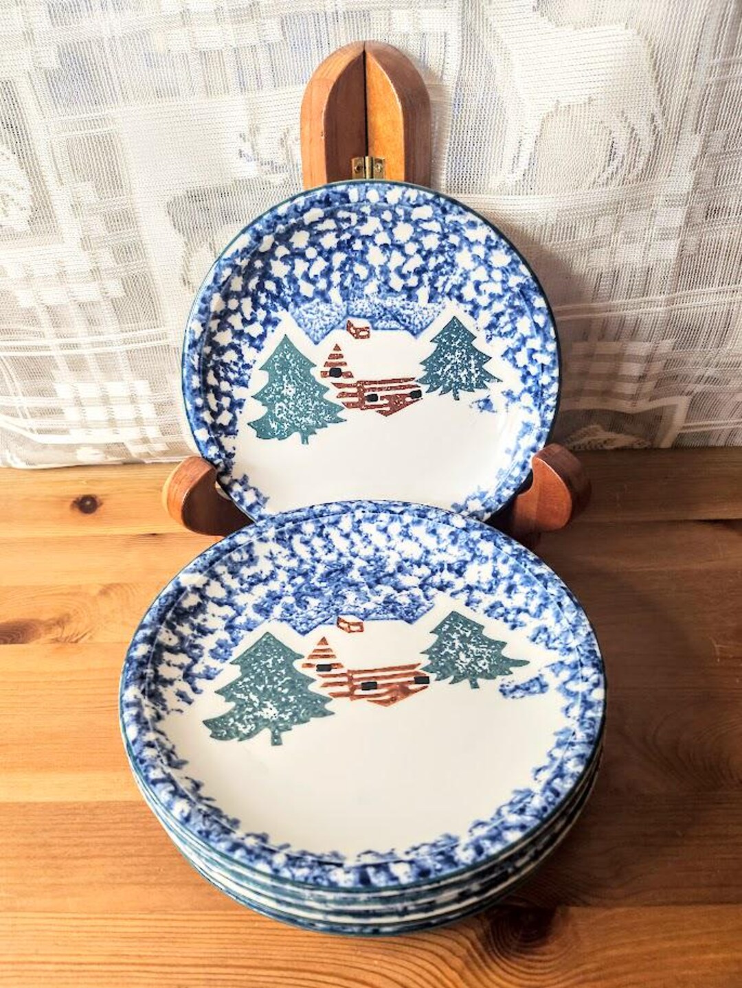 Vintage FOLK CRAFT "cabin in the Snow" Ceramic Dinner Plates Set of ...