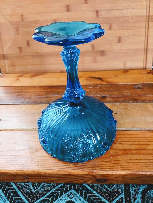 Vintage Blue Indiana Glass Pedestal Scalloped Compote Floral - Etsy