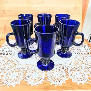 Vintage Six Cobalt Blue Glass Footed Coffee Mugs/cups Retro Country ...