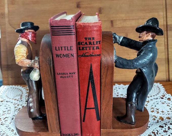 Vintage Western Wild West Bookends Solid Wood Base Ceramic Cowboys ...