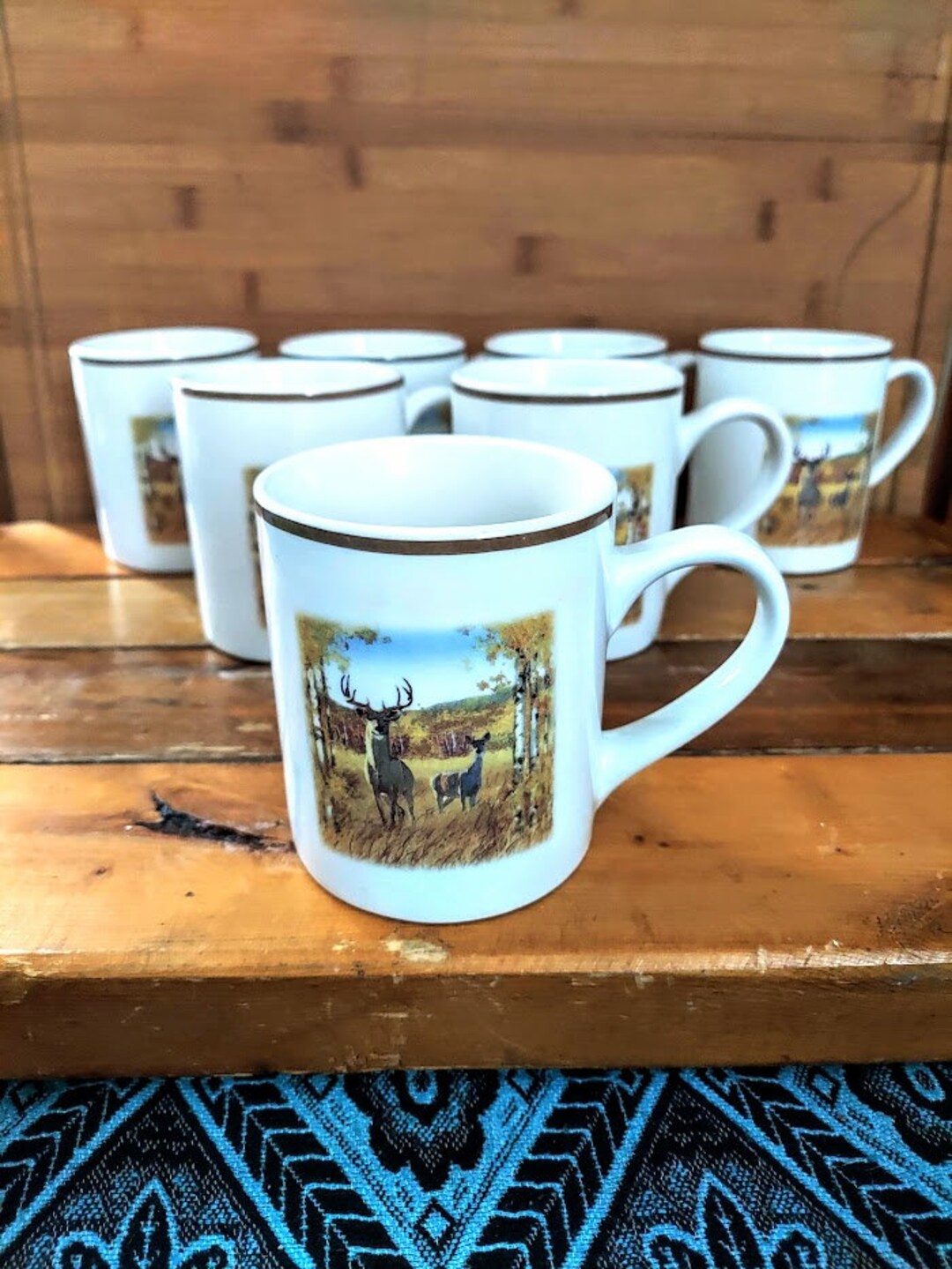 Vintage Seven Rustic Ceramic Deer Scene Mugs Coffee Cups Retro Cabin ...