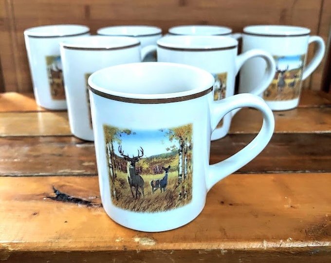 Vintage Seven Rustic Ceramic Deer Scene Mugs Coffee Cups Retro Cabin ...