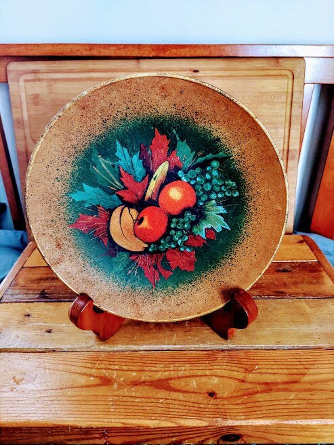 Vintage Round Wood Hand Painted Plate Fruit Pattern Wall Hanging Retro ...