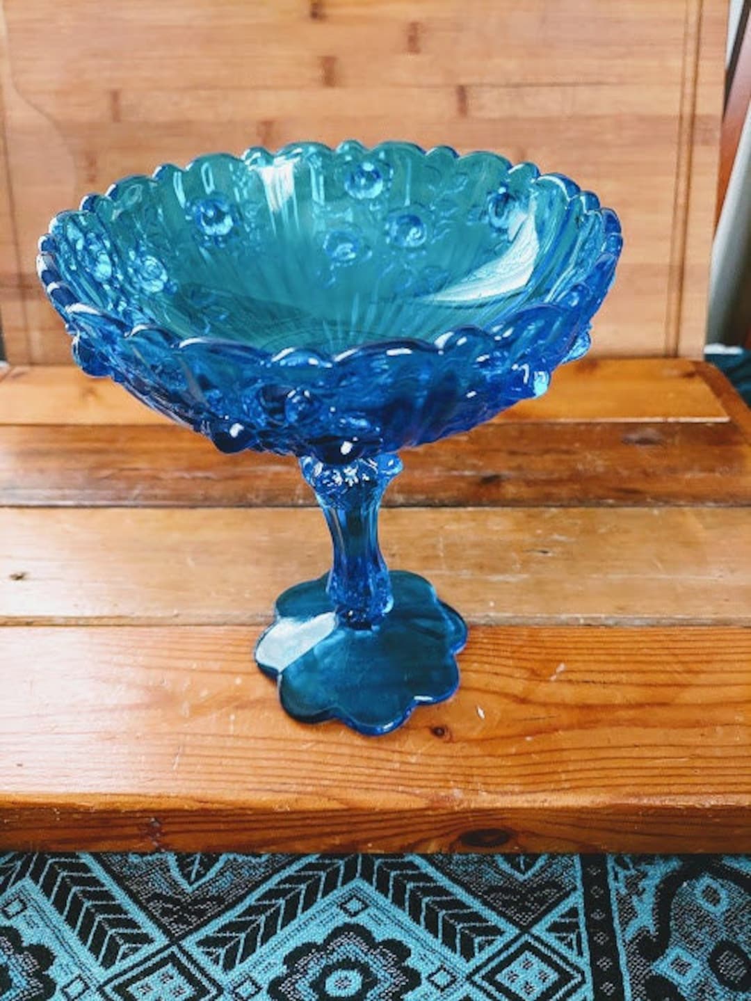 Vintage Blue Indiana Glass Pedestal Scalloped Compote Floral Pattern 7. ...