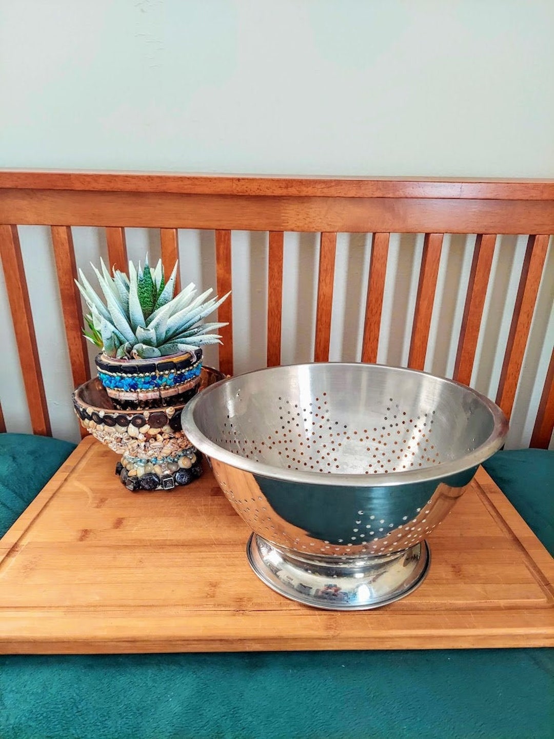 Vintage Large Stainless Steel Colander Star Pattern Pedestal Style ...