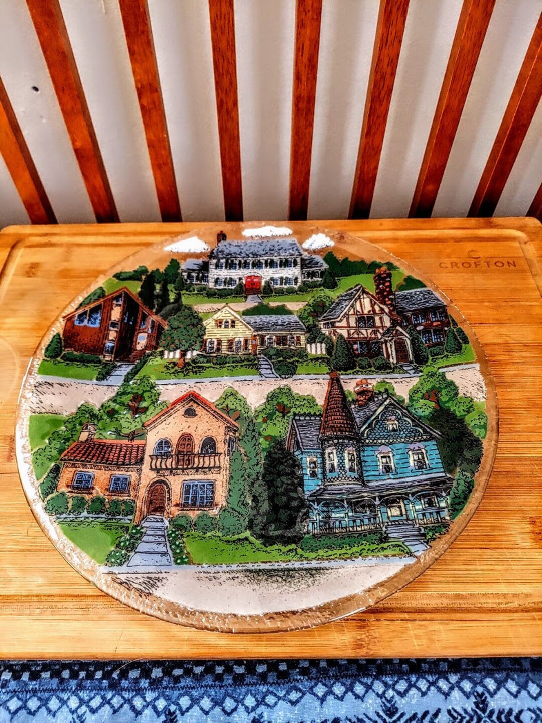 Vintage Large Round Fused Glass Plate With Houses Vintage Fused Glass Platter Etsy