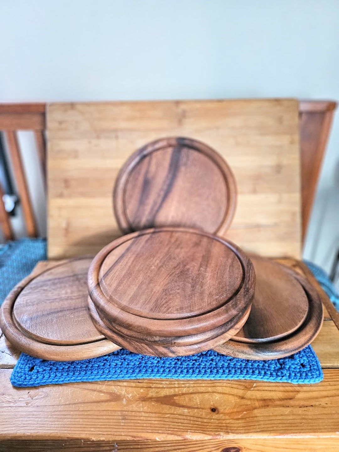 Vintage Six Solid Acacia Wood Hot Plates Trivets Hand-made Retro Rustic ...