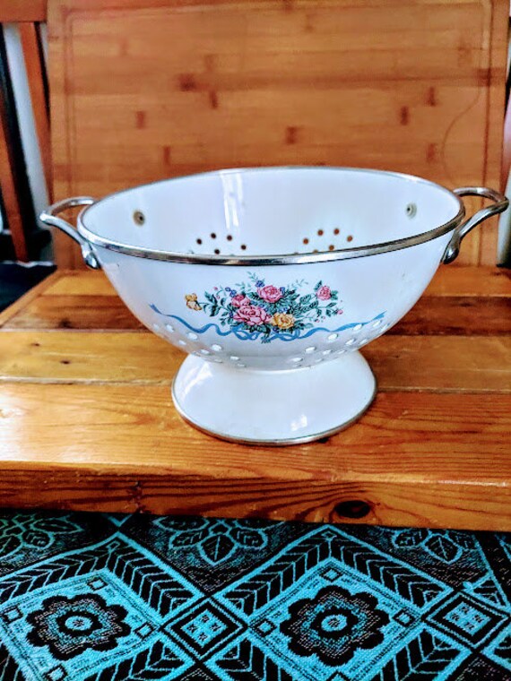 Vintage White Enamel Colander Pedestal Style With Lovely - Etsy