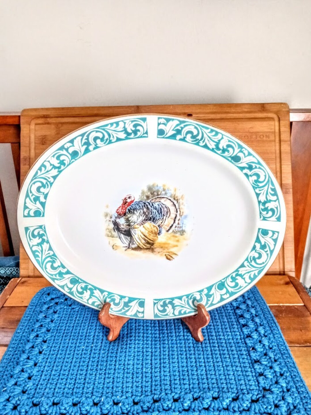 Vintage HOMER LAUGHLIN Turkey Platter Aqua Blue Rim Retro Country ...