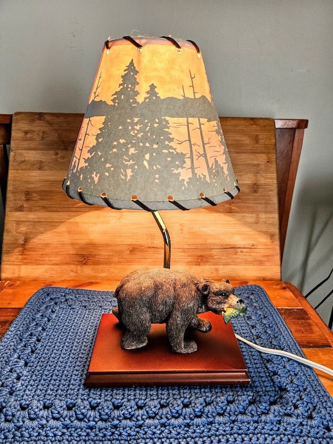 Vintage Rustic Bear Lamp With Silhouette Lamp Leather Laced Pines on ...