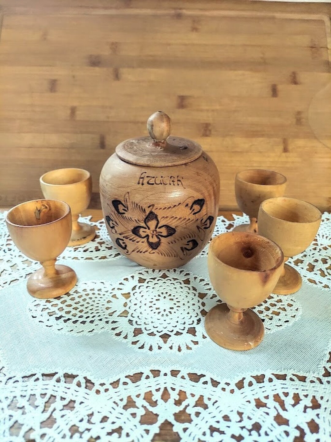 Vintage Wood Azucar Sugar Container With Lid With 5 Small Wood Goblets ...