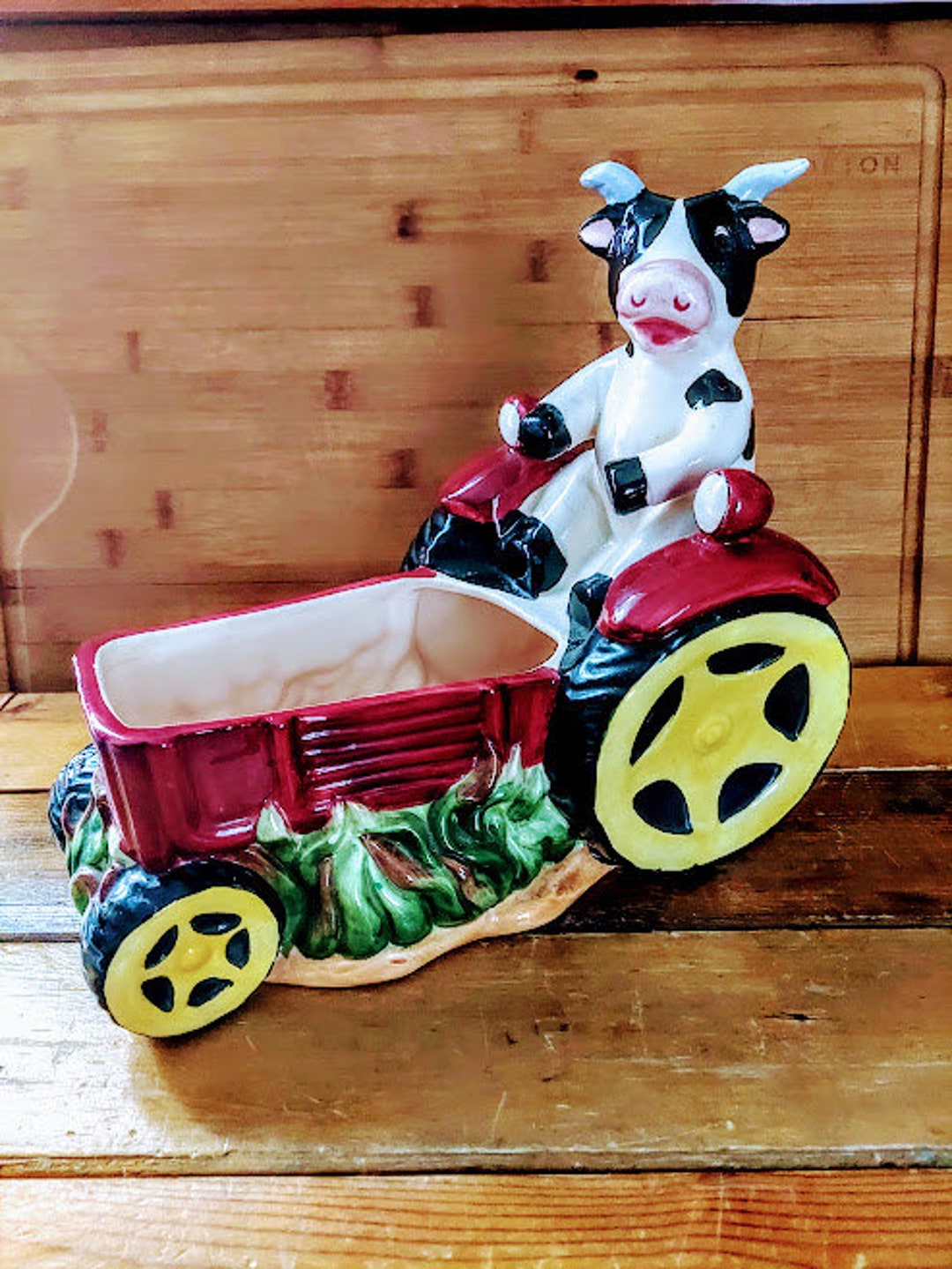 Vintage Large Ceramic Cow on Tractor Planter Retro Country Cottage ...