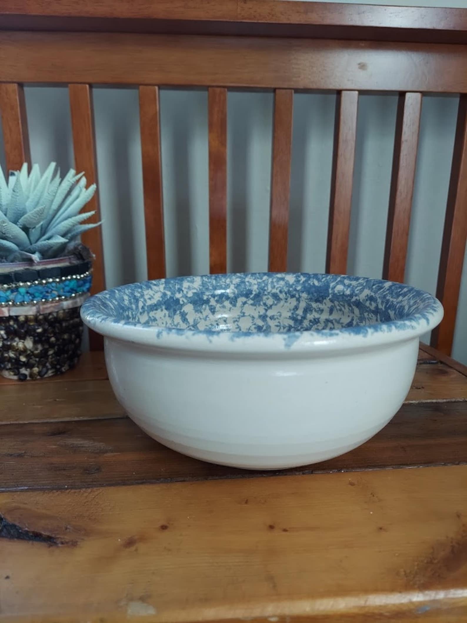 Vintage Blue and White Spongeware Bowl Rustic Farmhouse | Etsy