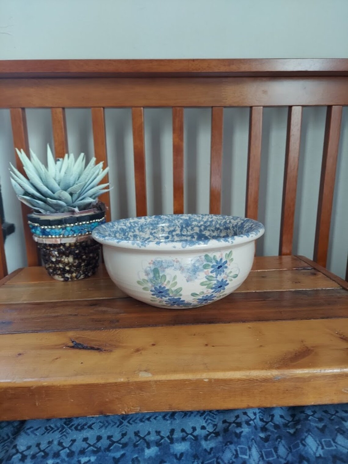 Vintage Blue and White Spongeware Bowl, Rustic Farmhouse Kitchen Bowl ...