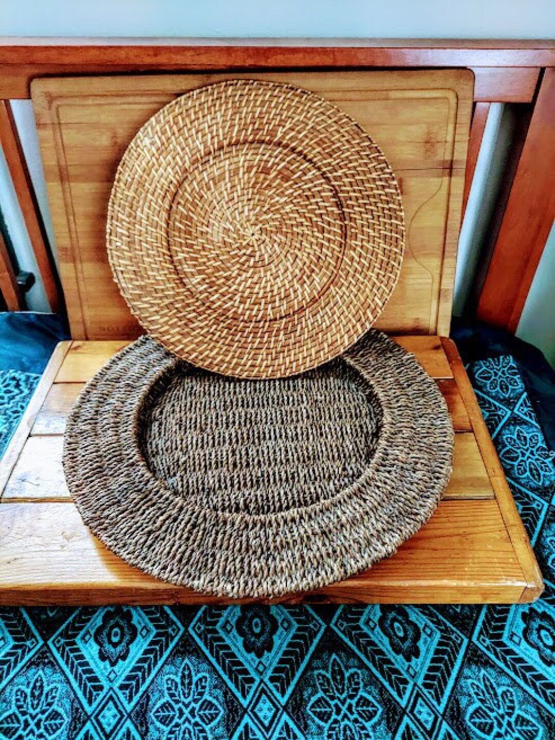 Vintage Two Wicker Round Woven Plate Chargers Rustic Rattan Boho Shabby ...