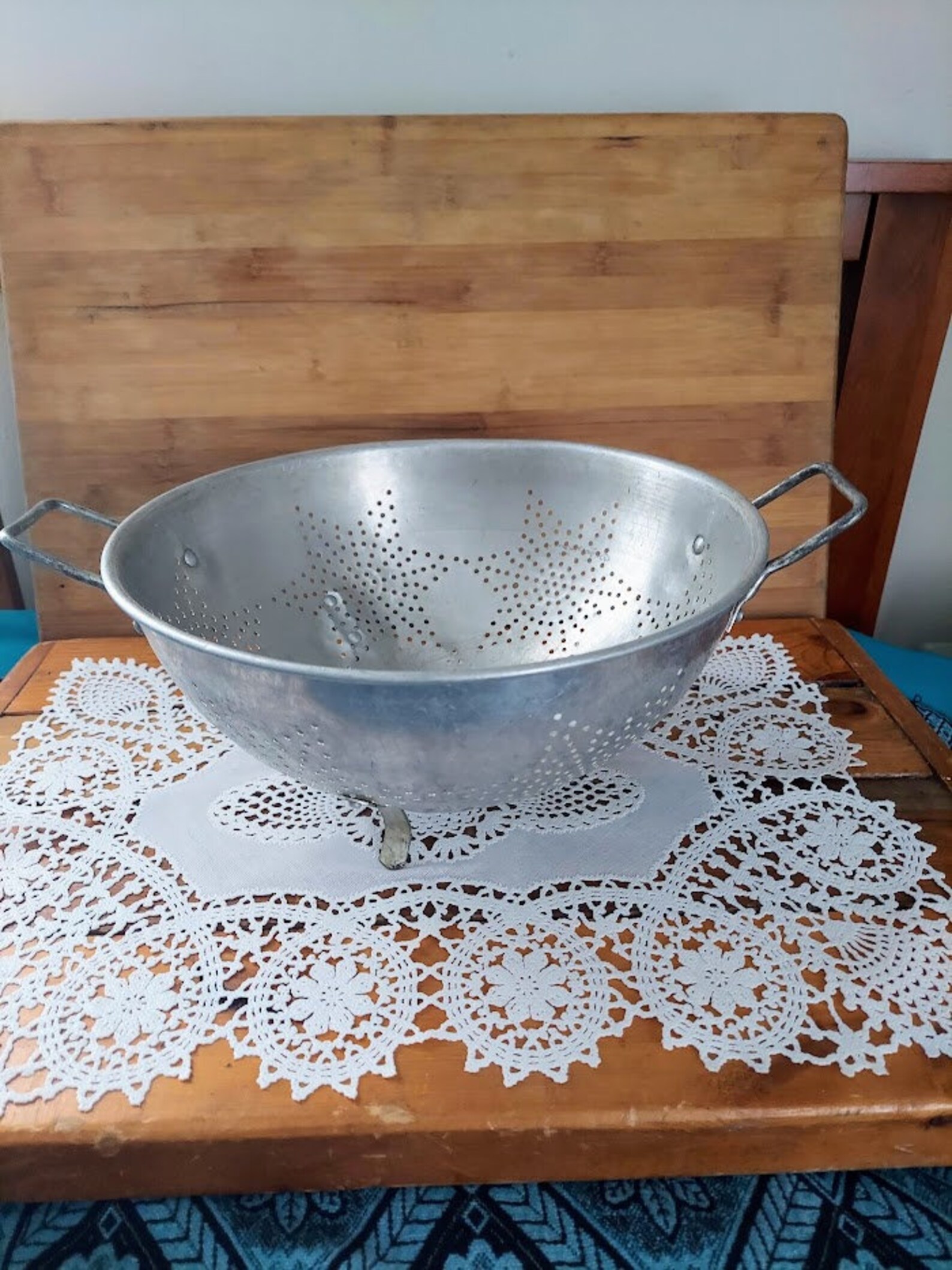 Vintage Large White Aluminum Colander Pedestal Style Star Pattern Pasta ...