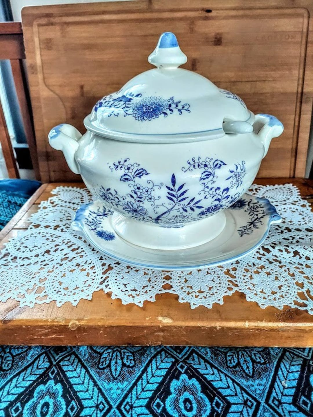 Vintage Blue and White Floral Ceramic Soup Tureen With Underplate and ...