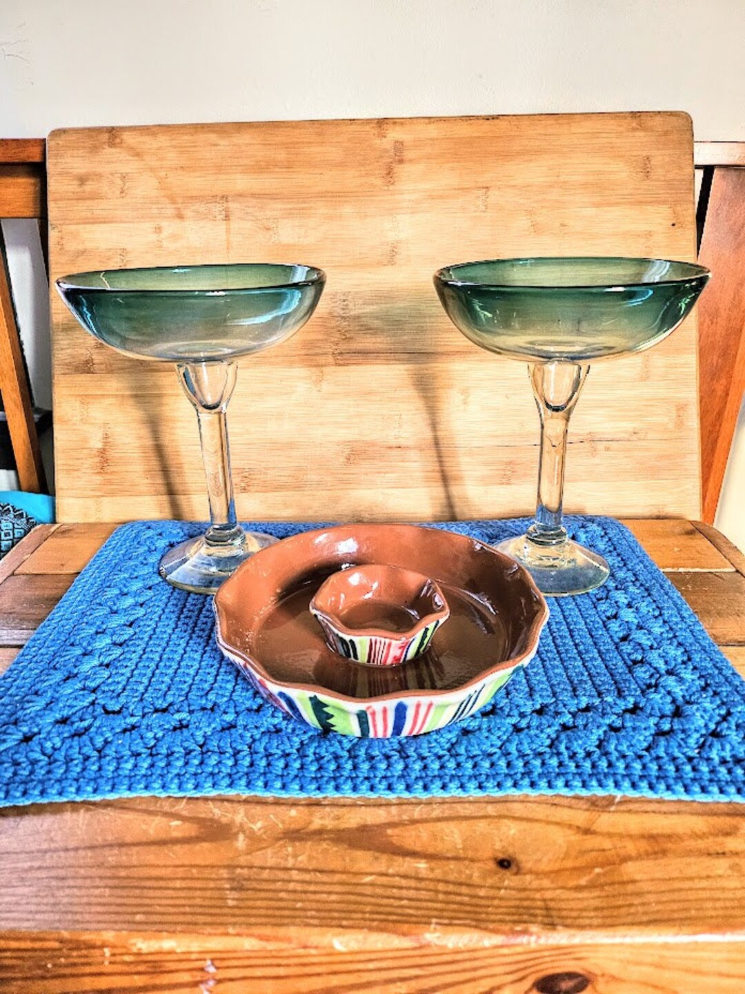 Vintage Two Green Hand-blown Mexican Margarita Glasses With Terra Cotta ...