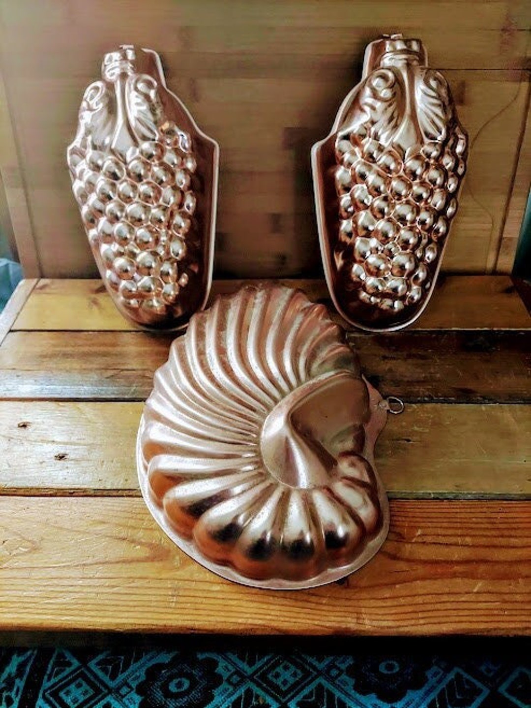 Vintage Three Copper Toned Jello Molds Grapes and Seashell Retro ...