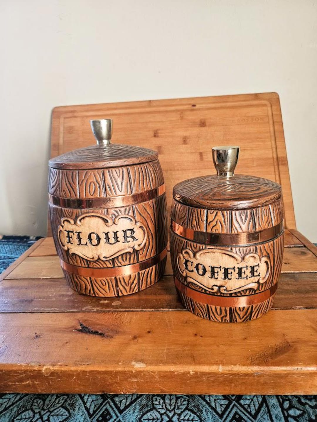Vintage Ceramic Faux Wooden Barrel Canisters Flour and Coffee - Set of ...