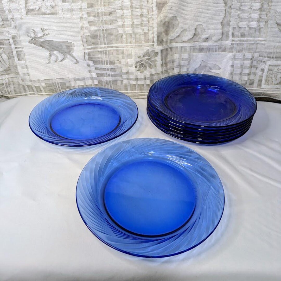 Vintage PYREX Set of Eight Festive Cobalt Blue Swirl Rim Glass Dinner ...