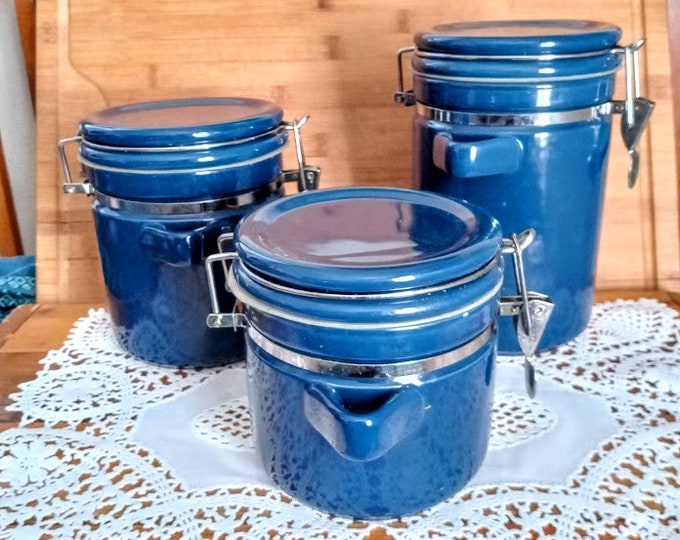 Vintage Three Dusty Blue Canisters Tight Closure Retro Country ...