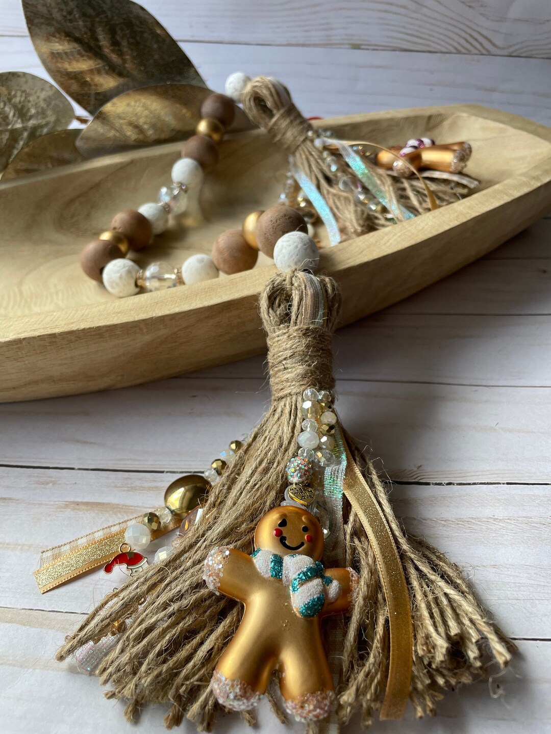 Glam Gingerbread Man Big Bead Gold Brown Chalky White Wooden Bead ...