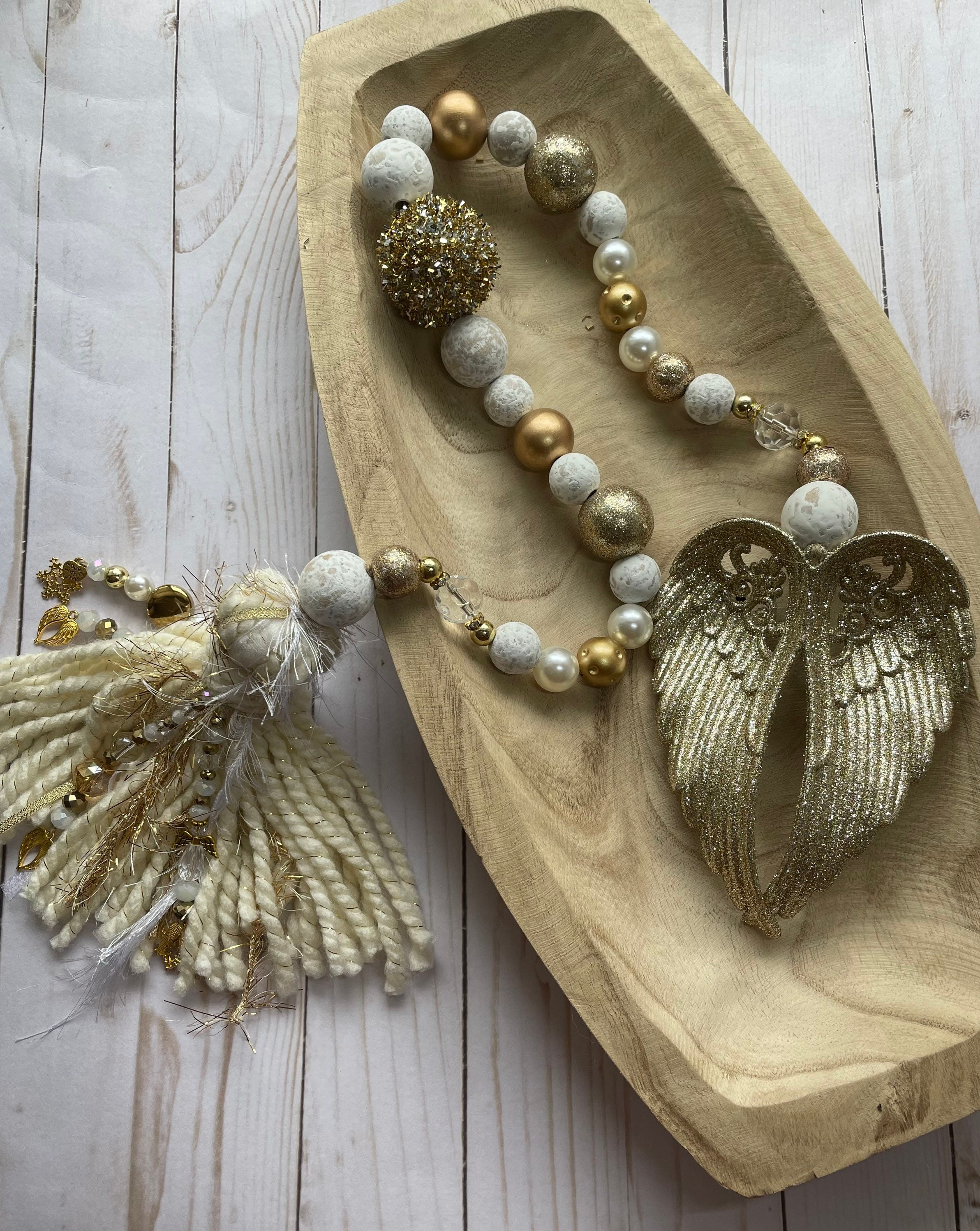 Glam Big Bead Angel Wings Gold White Wood Beaded Garland Christmas ...