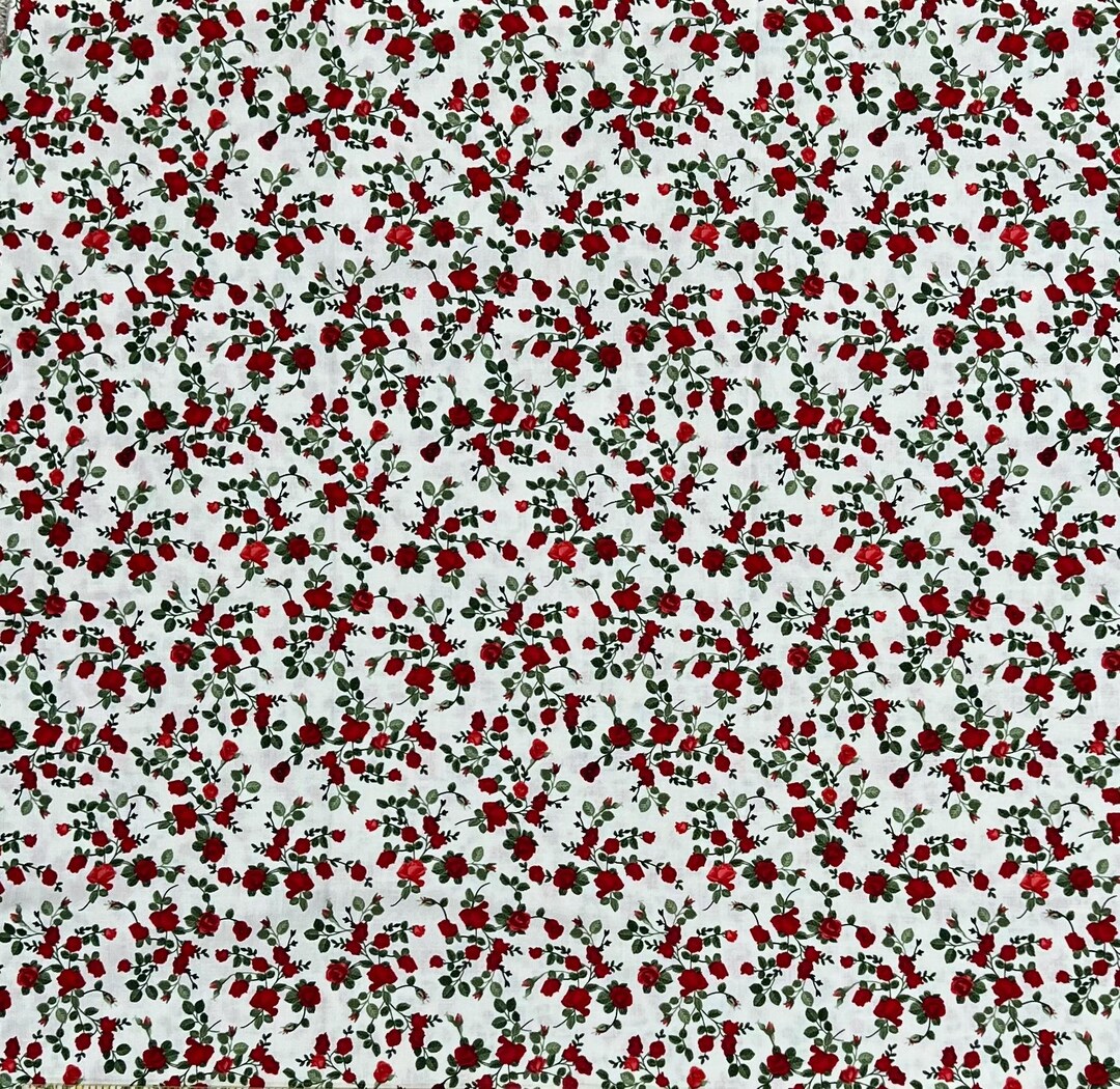 Tiny Red Roses on White Fabric Remnant | Timeless Treasures | "glamour ...
